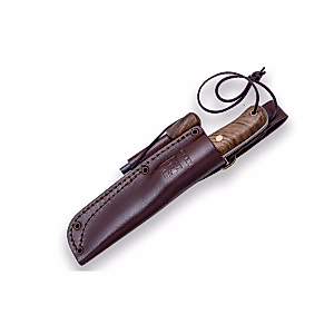 Joker Hunting Knife Trampero S, Blade 3.94 inches, Walnut Wood Handle, Brown Leather Sheath with Fire Starter, Sandvik Steel 14C28N, Tool for Fishing, Hunting, Camping and Hiking