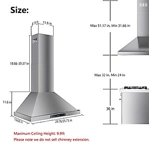 IKTCH 30-inch Wall Mount Range Hood 900 CFM Ducted/Ductless Convertible, Kitchen Chimney Vent Stainless Steel with Gesture Sensing & Touch Control Switch Panel, 2 Pcs Adjustable Lights(IKP02-30'')