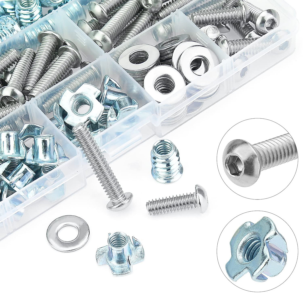 HELIFOUNER 1/4"-20 Threaded Inserts for Wood Furniture, 1/4"-20 T Nuts, 1/4-20 x 3/4", 1", 1-1/4" Button Head Socket Cap Screws, 1/4" Flat Washers Assortment Kit, 120 Pieces