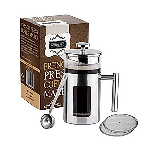 Rodolffo French Press Coffee Maker 34 Ounce with Stainless Steel 18/8 incudes Borosilicate Glass Cup & Stainless Steel Strainer. Creates Exceptional Taste & Purity. Enjoy Perfect Coffee