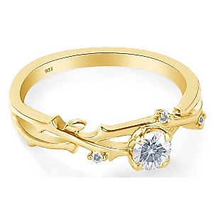 SAVEARTH DIAMONDS Twisted Leaf Design, 1/2 Carat Center Round Cut Moissanite Lab Created Diamond Solitaire Engagement Promise Ring In 14k Yellow Gold Over Sterling Silver (0.55 Cttw) Size-8