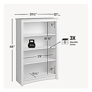 Prepac Sonoma 4-Tier Bookcase 48"H with 3 Adjustable Shelves, White Storage Cabinet, Modern Display Cabinet, Bookshelf with Storage Shelves for Home Office, Living Room, Bedroom Organizer