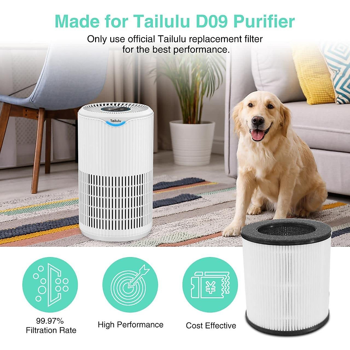 Air Purifiers for Home Large Room 1345 Ft², Tailulu H13 True HEPA Air Cleaner with Replacement Filter Purify Smoke Dust Pollen for Bedroom Living Room, Only for D09 Air Purfiier