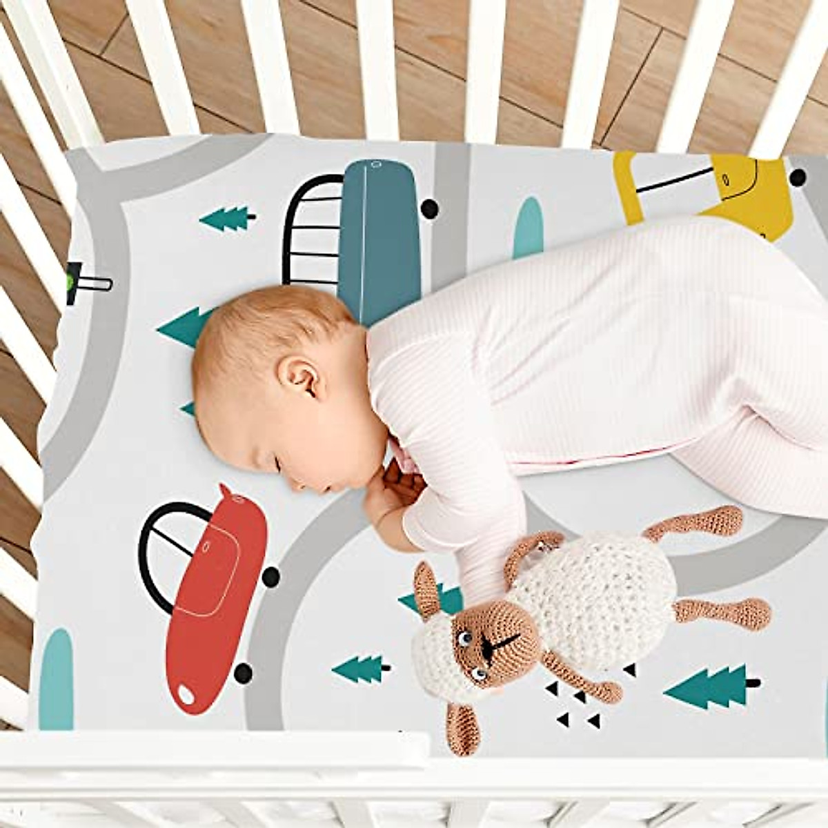 Cartoon Cars Road Crib Sheets for Baby Soft and Breathable Baby Crib Sheets Machine Washable Fitted Crib Sheet for Kid Boy Girl