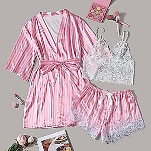 HGps8w Sleepwear for Women 3 Piece Stripe Satin Pajama Set Lingerie Lace Cami Pj Set Sexy V Neck Cami Top with Robe Pink