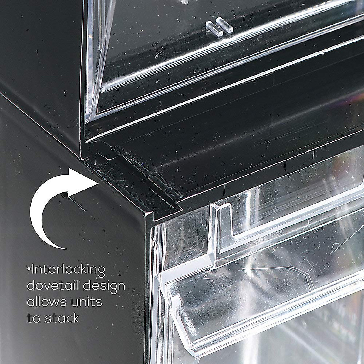 deflecto Tilt Bin Interlocking Multi-Bin Storage Organizer, 4 Sections, 23.63" X 6.63" X 8.13", Black/Clear