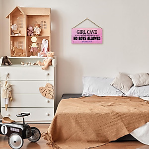 Pink Bedroom Décor Wood Plaque Sign Wall Hanging, Girl Cave No Boys Allowed Except Dad, Decor Door Wooden Hanging Sign (1pc), Art Gift for Farmhouse Bathroom Bedroom Playroom -01