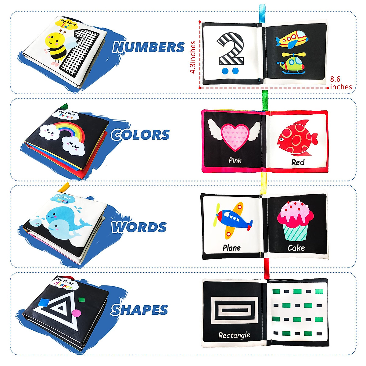 AMINFUN Soft Cloth Baby Book Toy,White Black Fabric Baby Learning Book(Pack of 4),Touch and Feel Crinkle Sound,Early Educational Toy,Gift for Babies Infants Toddlers