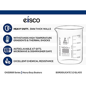 EISCO Heavy Duty Beaker, 250ml - 5mm Thick, Uniform Walls - Superior Durability & Chemical Resistance - White Graduations - Borosilicate 3.3 Glass