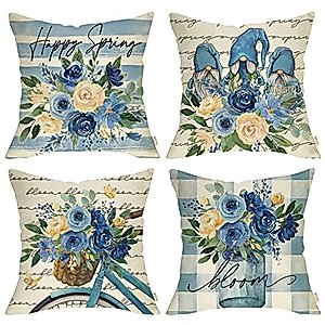 Fjfz Happy Spring Blue Flower Gnome Decorative Throw Pillow Cover 18 x 18 Set of 4, Floral Rose Buffalo Plaid Porch Patio Outdoor Home Decor, Bloom Stripes Bike Seasonal Farmhouse Couch Cushion Case