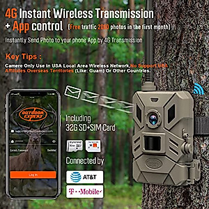 OUTDOOR EXPERT 4G Cellular Trail Camera,20MP Hunting Camera with No Glow 940nm IR Led Night Vision,HD Video IP66 Waterproof Game Cam,90FT Flash Range Wildlife Monitor Camera
