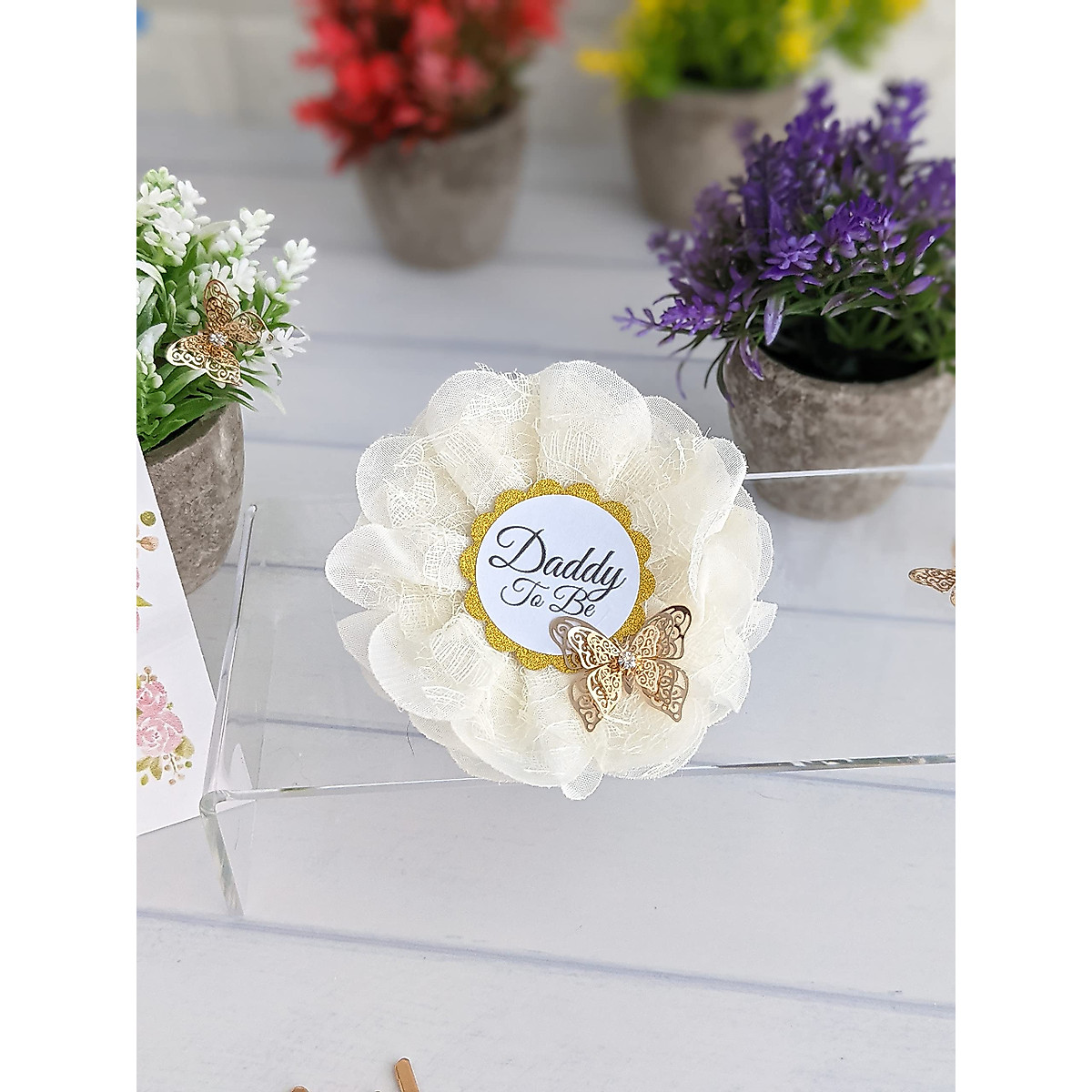 Daddy To Be Button | Dad To Be Pin| Gold Butterfly Baby Shower Ribbon | 3.5" Across | Ivory Lace Flower Corsage | Father To Be Keepsake Gift | Baby Sprinkle Pin
