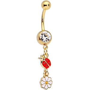Body Candy 14G Plated Steel Navel Ring Piercing Clear Accent Flower Lady Bug Dangle Belly Button Ring