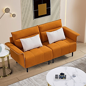 72” Velvet Loveseat Sofa, Mid Century Modern Decor Love Seat Couches for Living Room, Solid and Easy to Install Small Couch for Bedroom with Two Pillows (Orange)