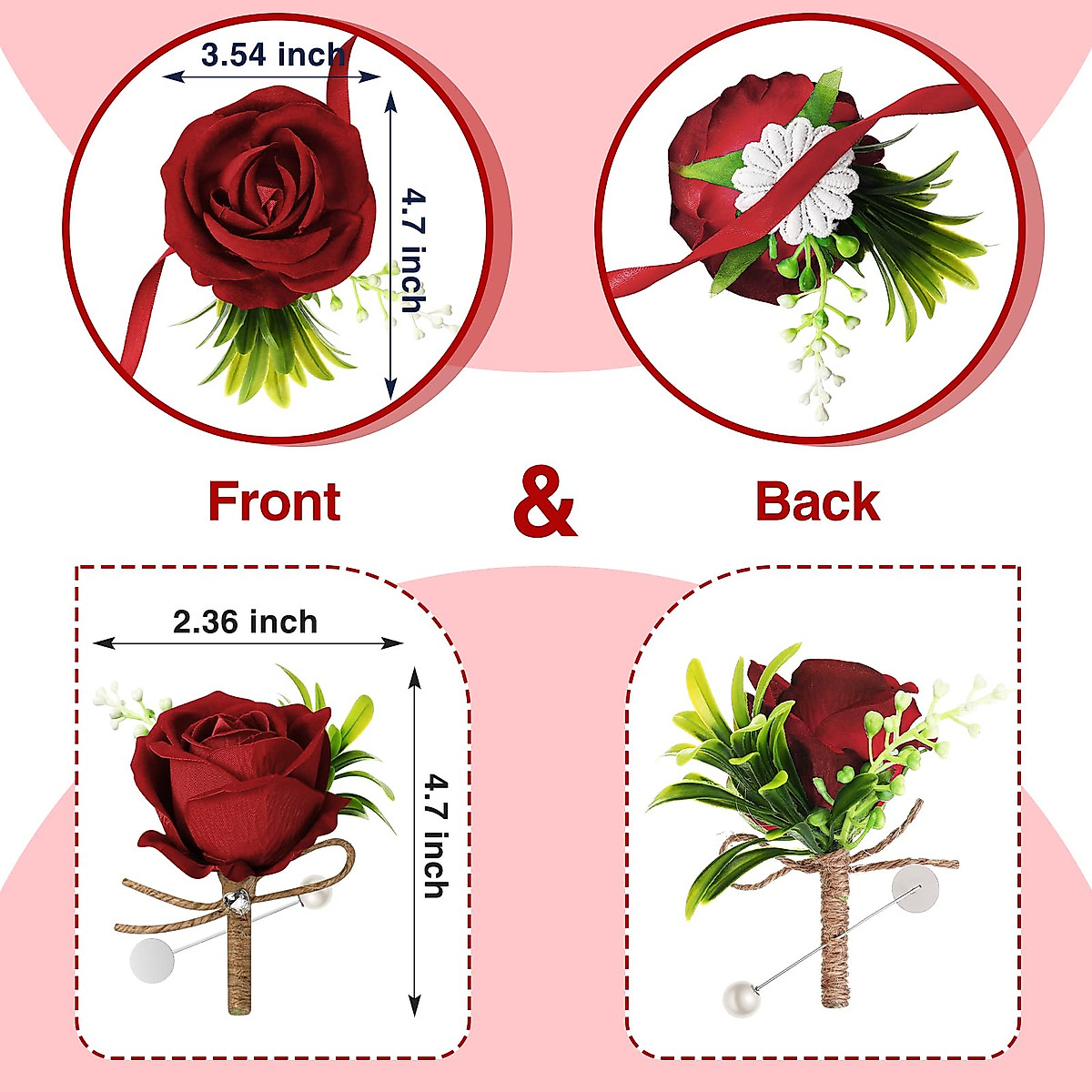 4 Pcs Corsage and Boutonniere Set, 2 Rose Wrist Corsage Wristlet Band Bracelet for Prom and 2 Boutonniere for Men Wedding Groom Flowers Accessories Suit Decoration (Burgundy)
