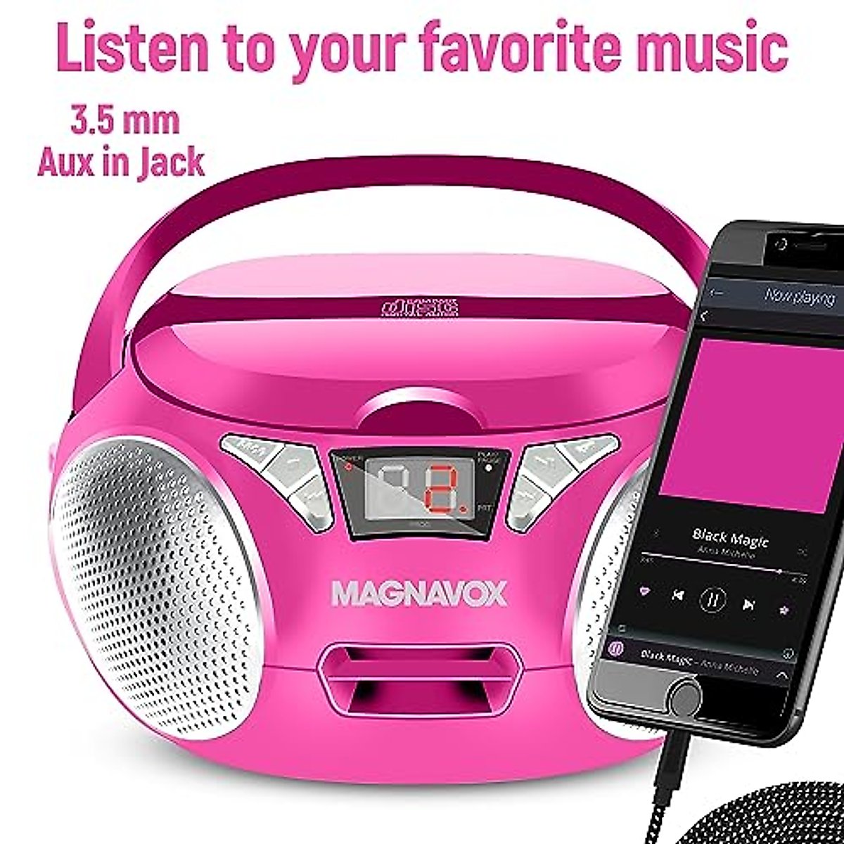 Magnavox MD6924 Portable Top Loading CD Boombox with AM/FM Stereo Radio in Black | CD-R/CD-RW Compatible | LED Display | AUX Port Supported | Programmable CD Player | (Pink)