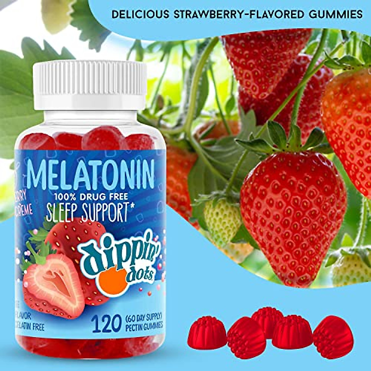 Dippin' Dots - Melatonin Sleep Support Gummies (120 Count) Strawberry Sunset Creme Flavor Chews | 2.5mg Per Gummy Sleep Supplement for Children and Adults | Supplement for faster Faster & Longer Sleep