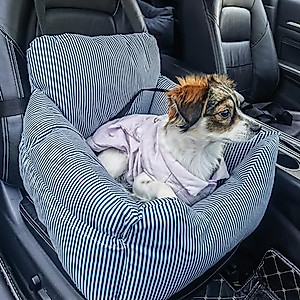 Dog Booster & Car Seats Pet Dog Car Seat Pet Booster Seat for Small Pet Under 44 lbs Travel Safety Car Seat Dogs Cats Bed for Car with Storage Pocket and Harness Strap (Blue Striped)