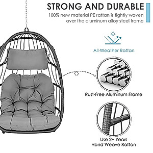 Brafab Wicker Rattan Hammock Egg Swing Chair with Hanging Chain, Aluminum Frame and UV Resistant Cushion, Indoor Outdoor Bedroom Patio Porch Foldable Camping Chair (Without Stand)