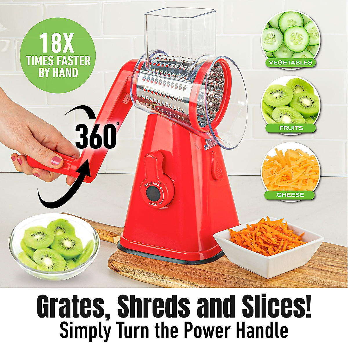 Rotary Cheese Grater with Handle, Cheese Grater Hand Crank, Fast Cutting Grater for Kitchen with 3 Interchangeable Blades, Vegetable Slicer, Cheese Shredder with Suction Cup Base, Dishwasher Safe