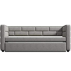 TARTOP Twin Upholstered Daybed with Trundle, Wooden Daybed Sofa Bed Frame with Padded Back, Twin Captain’s Bed for Living Room Bedroom,Gray
