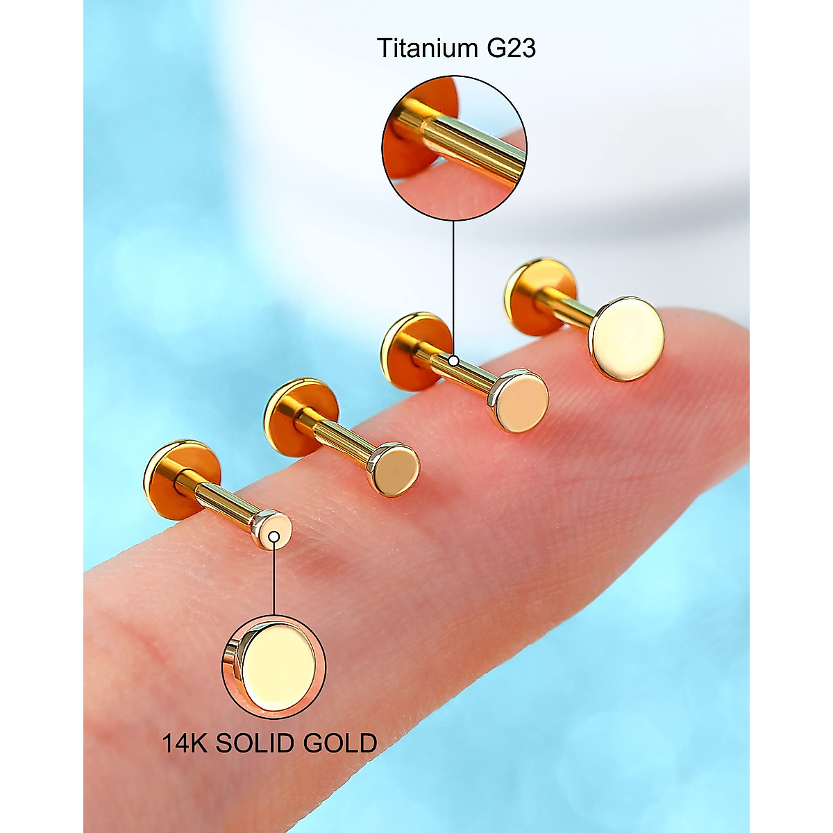 Melighting 14K Gold Threadless Earrings 16G Gold Flat Back Earrings Tiny Flat Disc Threadless Push in Labret Stud Gold Tragus Piercing Jewelry for Women Conch Helix Stud