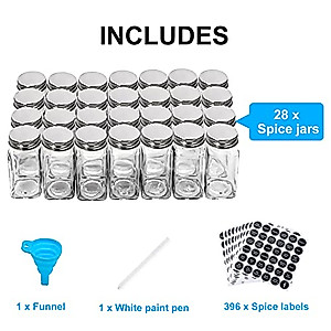 CISILY 28 Spice Jars With 396 Labels, Glass Seasoning Jars with Shaker Lids, Square Spice Bottles, Airtight Empty 4oz Spices Containers Set Organizer, Kitchen Organization & Storage