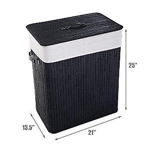 GOFLAME Bamboo Laundry Basket Folding, Dirty Laundry Hamper, Dirty Clothes Basket Bin with Lid and Removable Liner, Two Sections with Large Storage, Handle Grip, Ideal for Bedroom Bathroom (Black)
