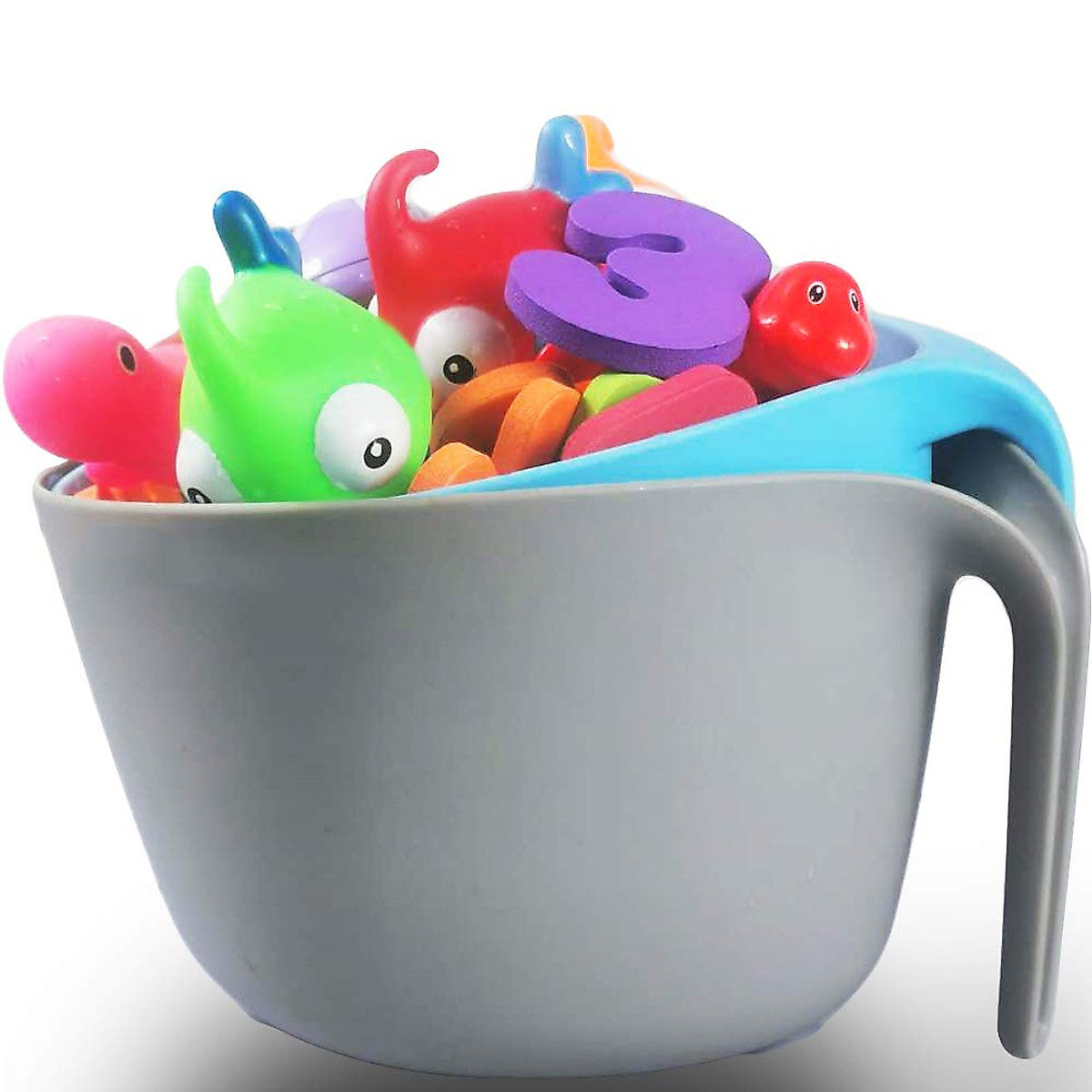 RAINBOW TOYFROG Bath Toy Storage Bin, freestanding Bath Toy Organizer Basket with Drying Scoop and Base, Great Bath Toy Holder for Toddler and Babies-Gray+Blue