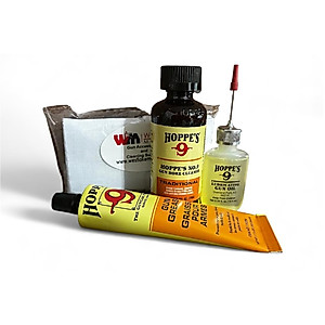 Gun Bore Cleaner, Precision Lubricating Oil, & Gun Grease with 50 Patches for .38, 9mm, 40, 44 and .45 Caliber Handguns/Pistols Made in USA