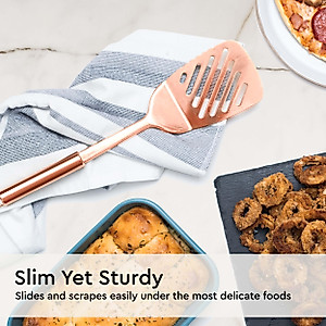 Copper Cooking Utensils for Cooking/Serving, Rose Gold Kitchen Utensils -Stainless Steel Copper Serving Utensils Set 5 PCS-Copper Ladle, Serving Spoon, Pasta Serving Fork, Spatula, Kitchen Skimmer