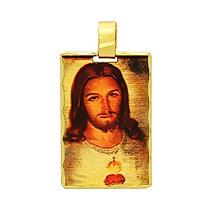 The Bling Factory 14k Gold Plated Framed Jesus Sacred Heart Portrait 20mm x 30mm Pendant