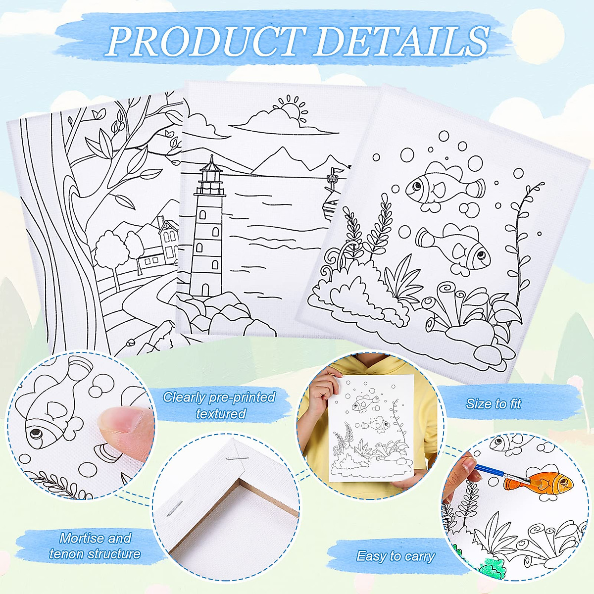 12 Pcs Pre Drawn Outline Canvas 10 x 8 Inch, Pre Drawn Stretched Canvas Painting Boards for Painting Art Party Favor for Adult Student Kids DIY Painting(Rustic Style)