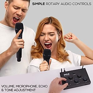Wireless Karaoke Microphone Mixer System - 8-Channel Optical/Coaxial Input Mixer w/Digital UHF Wireless Mics, 3.5mm Input/Output, Works w/Home Theater, Receiver, Amplifier, Speaker - Pyle PDWMKHRD23