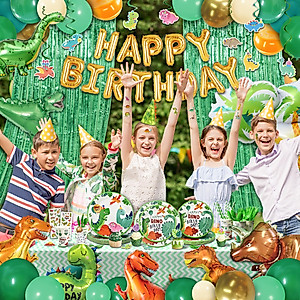 Party Spot! 260 Pcs Dinosaur Birthday Decorations, 20 Tableware Sets, Dinosaur Foil Balloons, Sticker, Banner, Dinosaur Paper Plates, Cups, Balloon Pump, Dinosaur Party Decorations