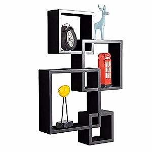 NALLBEIRRAA Wooden Wall Mounted Shelves, 4 Cube Intersecting Wall Mounted Floating Shelves for Living Room Bedroom Entryway Hallway Bathroom (Black)