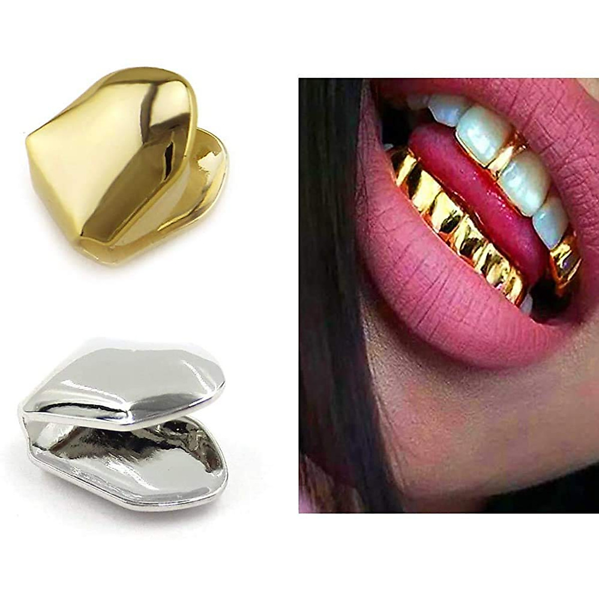 2 Pieces 14K Plated Gold Grillz Mouth Teeth, Hip Hop Teeth Plain, Top Tooth Single Grill Cap for Teeth Mouth Party Accessories Teeth Grills