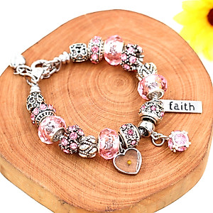 Silver Tone Crystal Murano Glass Beads Snake Chain Bracelet Faith Mustard Seed Charm Crystal Bracelets for Women Y1924 (pink)
