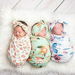 MarJunSep Newborn Baby Swaddle Blankets Headbands Beanie Hats Sets Including 3 Pack of Receiving Blanket & Headband & Beanie Hat Floral Pattern Swaddle Sack for Baby Shower Infant Gift (0-3 Months)