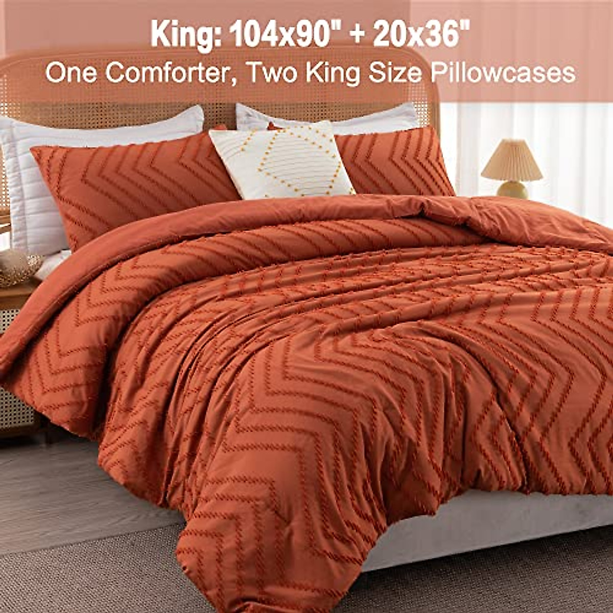 Litanika Comforter King Size Set, Burnt Orange Boho Fall Lightweight Bedding Comforters & Sets for King Bed, 3 Pieces Chevron Tufted Bed Set