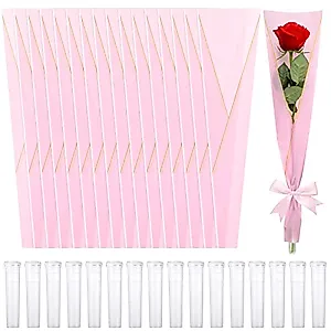 Set of 400 Flower Packaging Kit 200 Pcs Single Rose Sleeves Bulk Flower Wrapping Paper Bouquet Bags 200 Pcs Plastic Flower Water Tubes for Mothers Day Wedding Birthday (Pink)