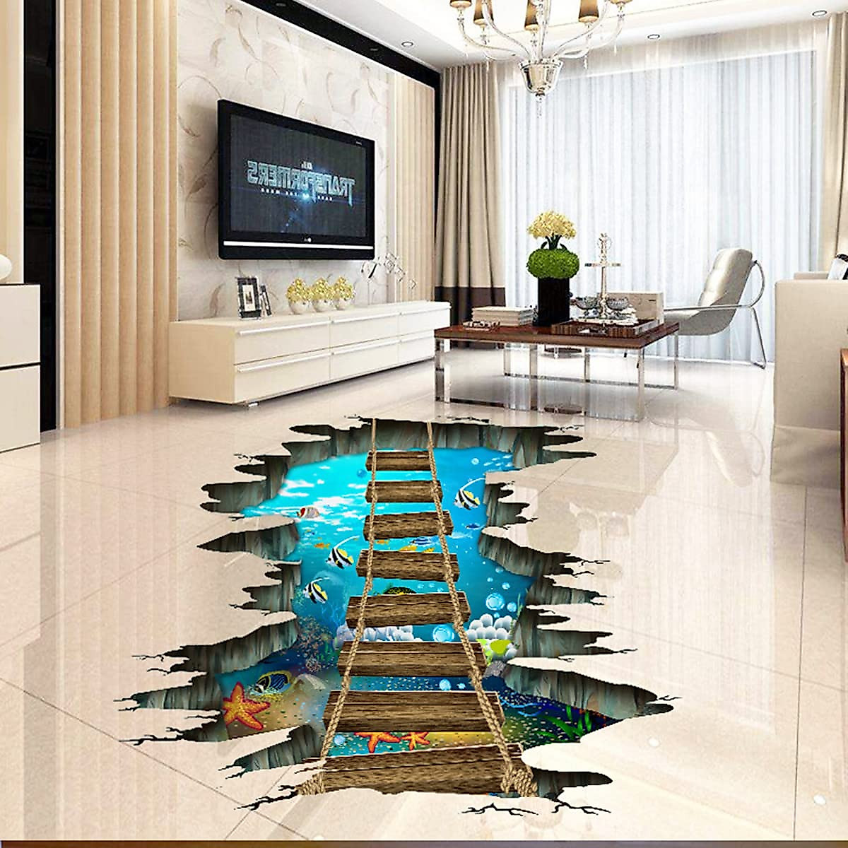 CAICOME 3D Floor Wall Decal Volcano Bridge Floor Wall Stickers Room Decor Removable PVC Flame Lava Wall Decals Murals Wallpaper,Super Vivid Color Lava Play Art Decor for Home Boys Room Kids Bedroom