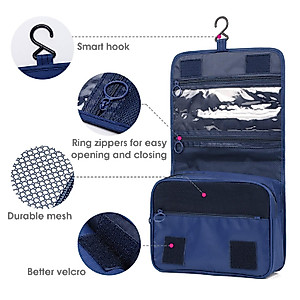 Erliway Travel Hanging Toiletry Bag for Women and Men, Portable Bathroom Shower Bag with Hook, Large Capacity Waterproof Cosmetic Travel Organizer Dopp Kit Organizer for Shampoo, Cosmetic(Navy Blue)