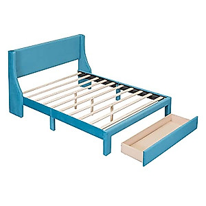 HBRR Queen Size Bed Frame with Drawer and Headboard, Velvet Upholstered Platform Bed with Wood Slats, Mattress Foundation, No Box Spring Needed, Easy Assembly, Blue