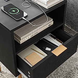 Masupu Nightstand with Charging Station,Mid-Century Modern Bedside Table with Storage Drawer and Open Wood Shelf,Small Gold Frame Side Table for Bedroom,Living Room (Black)