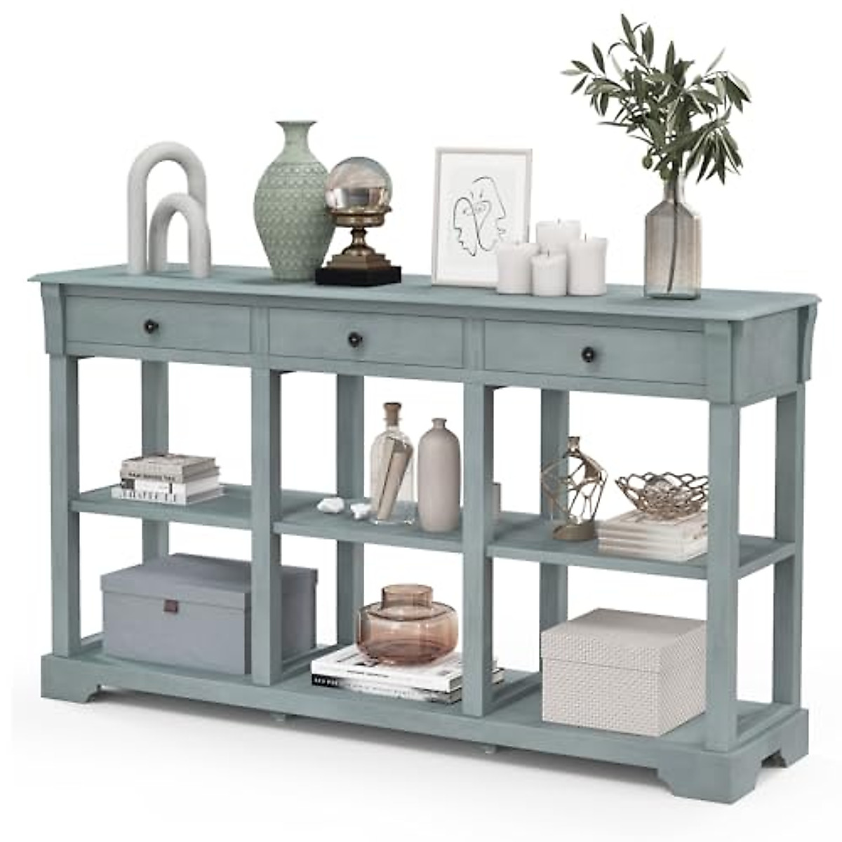 CLEEMAN Console Table with Storage, Retro Sofa Table with 3 Drawers, 2-Tier Open Shelf & Solid Wood Legs, Hallway Table, Entryway Table for Foyer, Living Room, Entrance