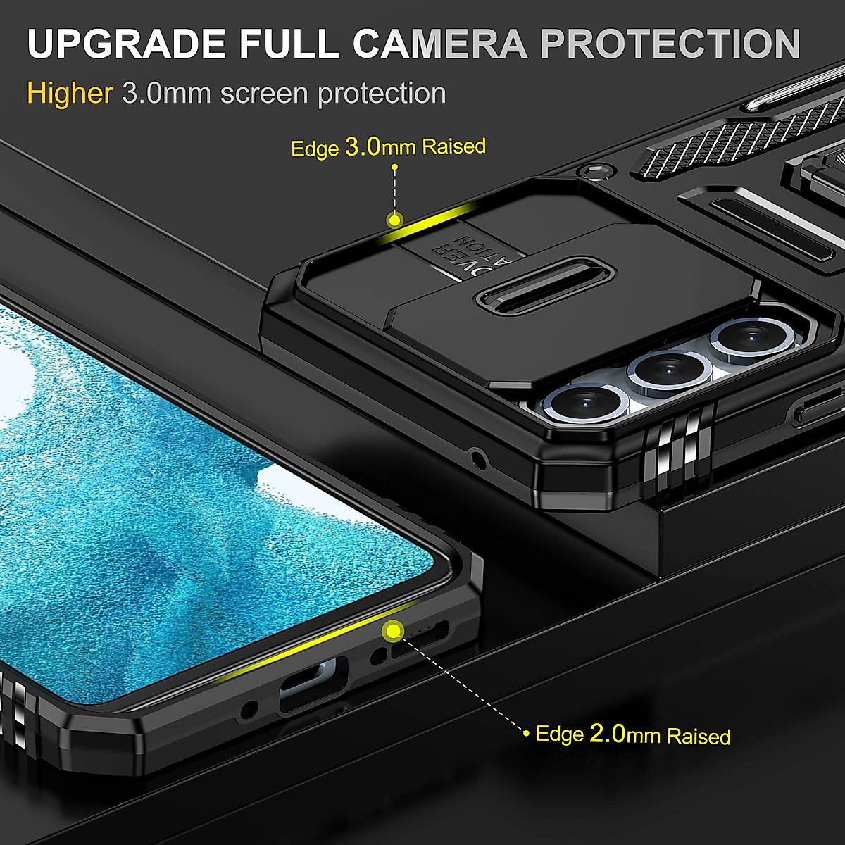 THMEIRA Phone Case for Samsung Galaxy S23 FE, Military Grade Samsung Galaxy S23 FE Case with Screen Protector [2 Pack] with Slide Camera Cover, Built-in Magnetic Ring Kickstand, Black