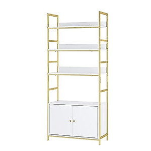 finetones Bookshelf with 2 Cabinets, 71" White and Gold Bookshelf with Doors and Metal Frame, Free Standing Bookshelf Cabinet Display Storage Rack Shelves for Bedroom Living Room Office