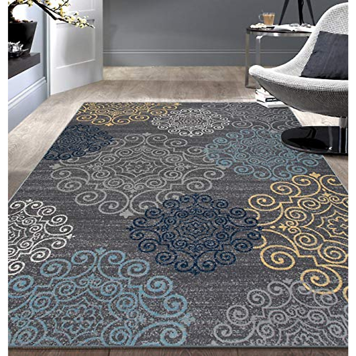 Modern Floral Swirl Design Non-Slip (Non-Skid) Area Rug 5 X 7 (5' 3" X 7' 3") Gray