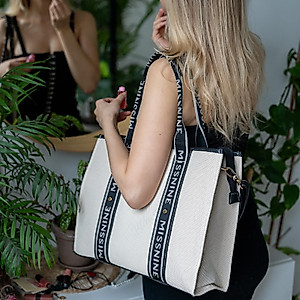 Missnine Tote Bag Canvas Laptop Bag 15.6 inch Briefcase for Women Large Capacity Handbag for Office, College, Travel (Beige+black)